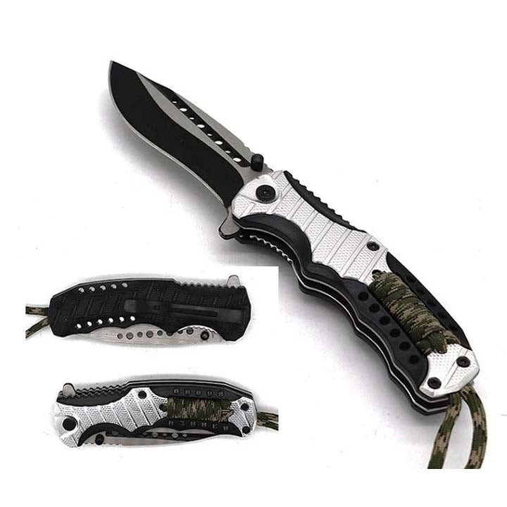 Falcon 8" Spring Assisted Knife Black & Silver Handle w/ paracord ...